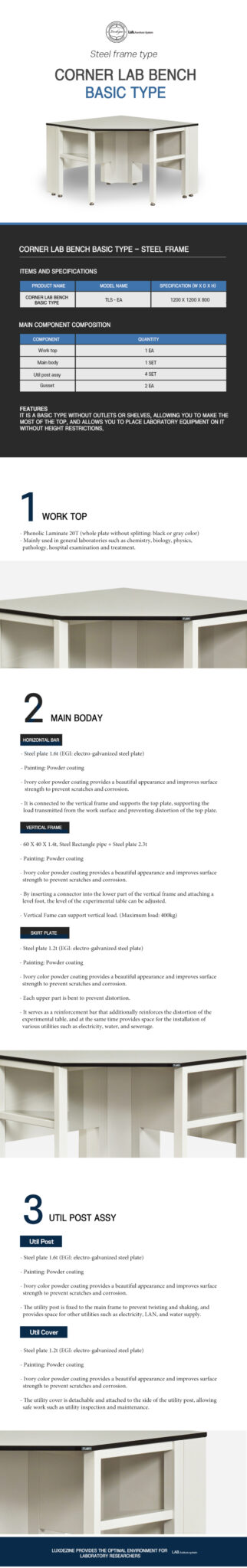 Corner lab bench Basic type (Steel) | Luxdezine