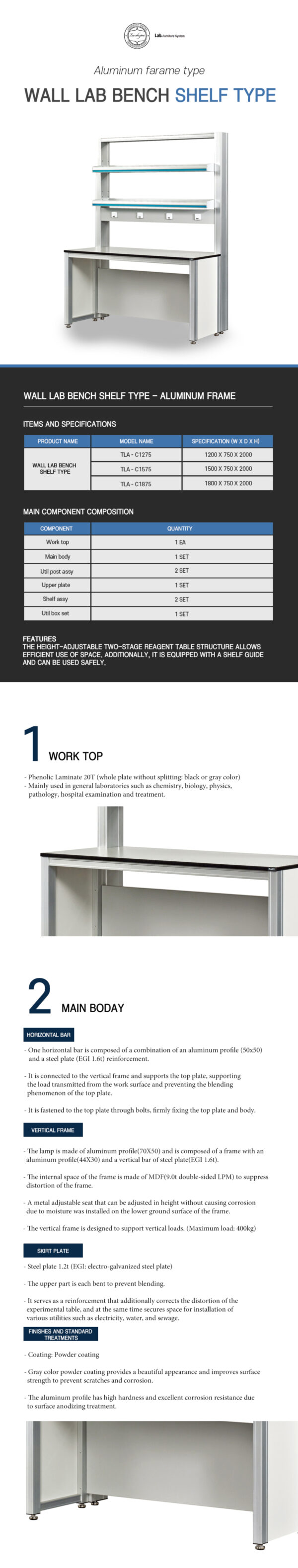 Wall lab bench shelf type (Aluminum) | Luxdezine