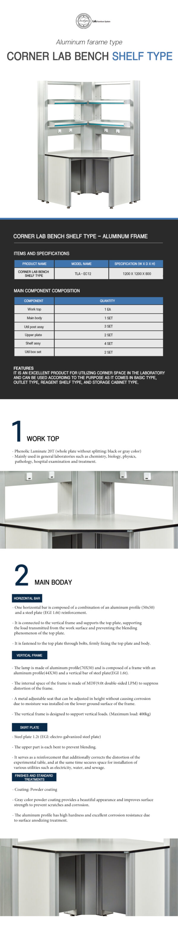 Corner lab bench shelf type (Aluminum) | Luxdezine